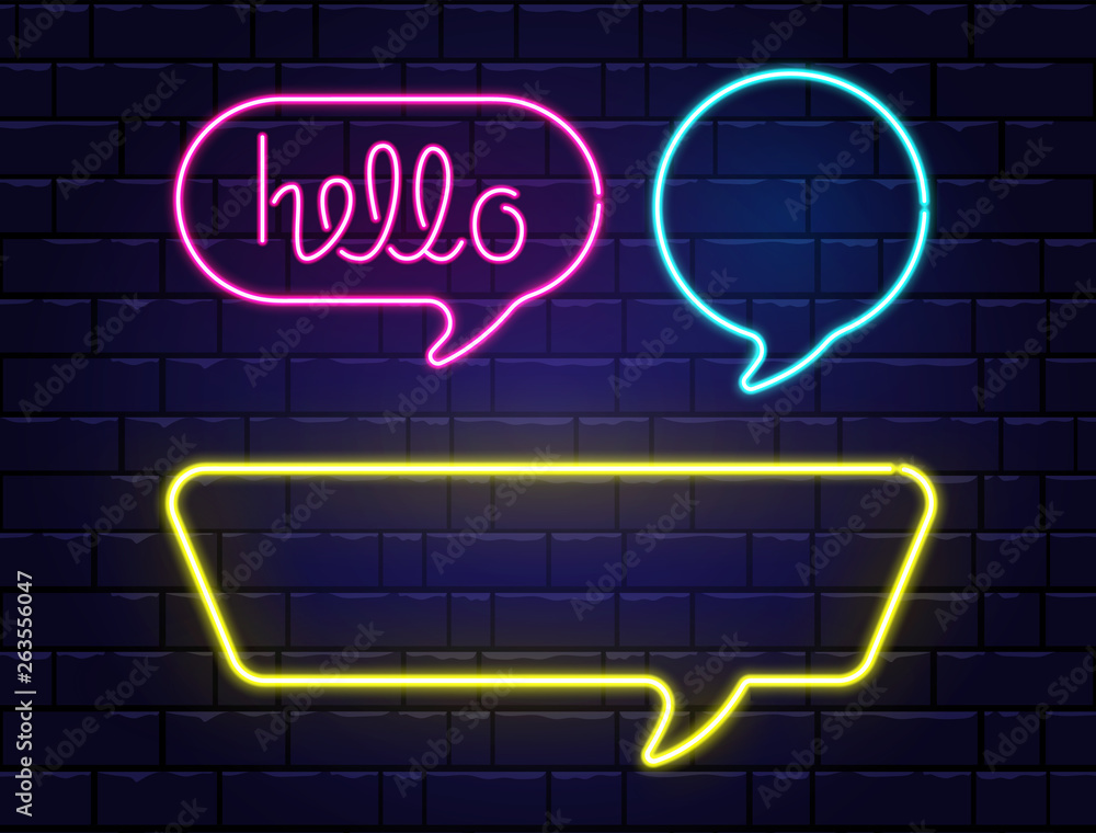 Neon speech bubbles set with space for text. Hello neon lettering ...