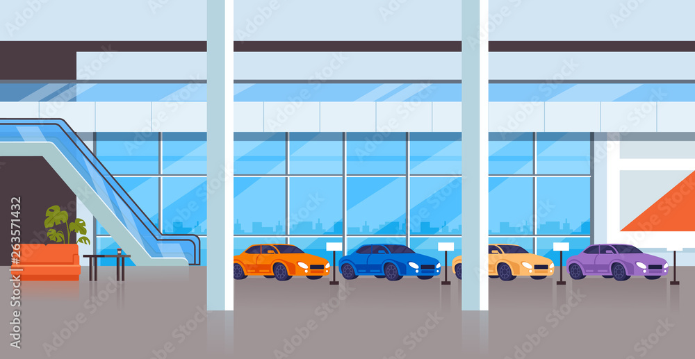 Car store shop showcase room interior inside. City transportation ...
