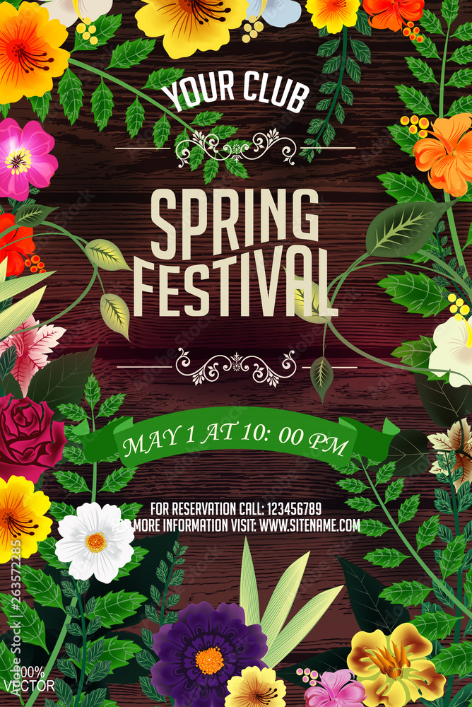 Spring festival poster or flyer design with spring flowers and sample ...