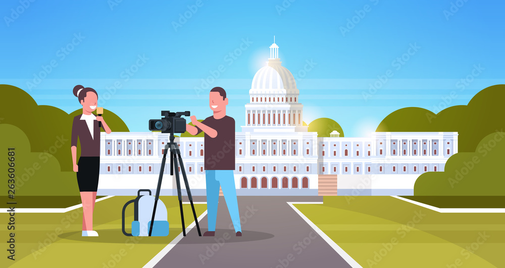 woman journalist with reporter man presenting live news operator using ...