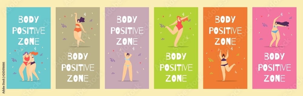 Body Positive Zone Set Vertical Flat Cartoon Cards Stock Vector | Adobe ...
