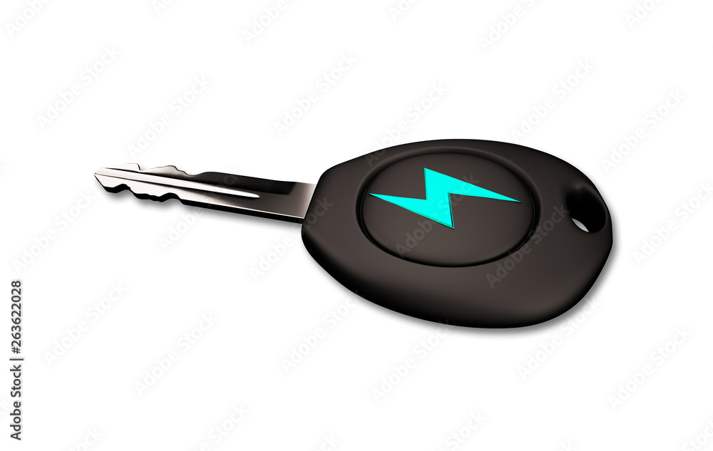 Electric car key with blue lightning bolt sign, horizontal, side view ...