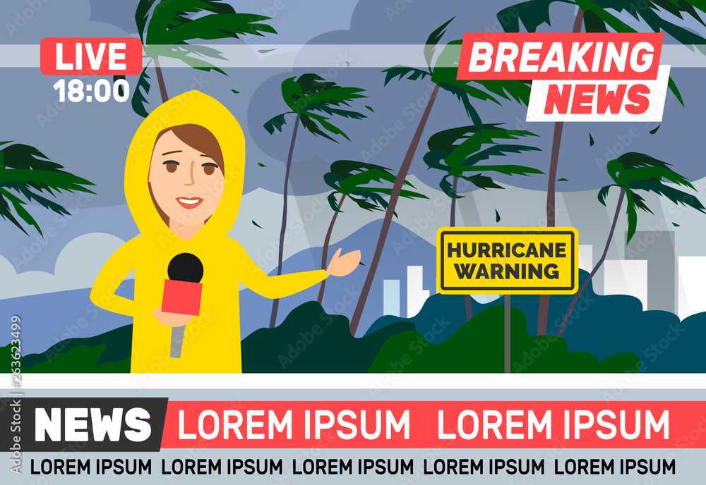 breaking news woman reporter journalist wearing yellow rain coat live ...