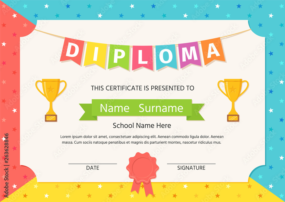 Kid diploma, certificate. Vector. Preschool, kindergarten, school ...