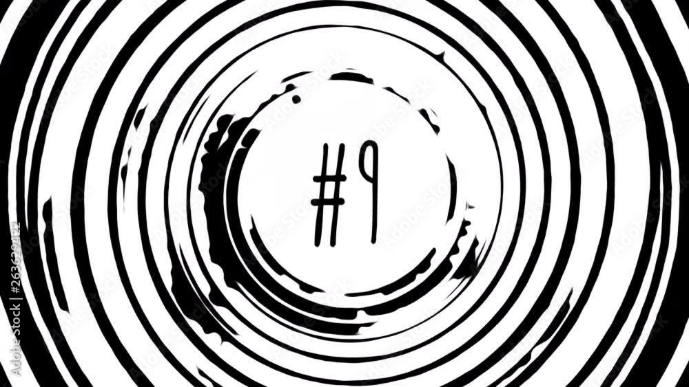 Number 9 nine screen with black ink spiral in a spinning seamless ...