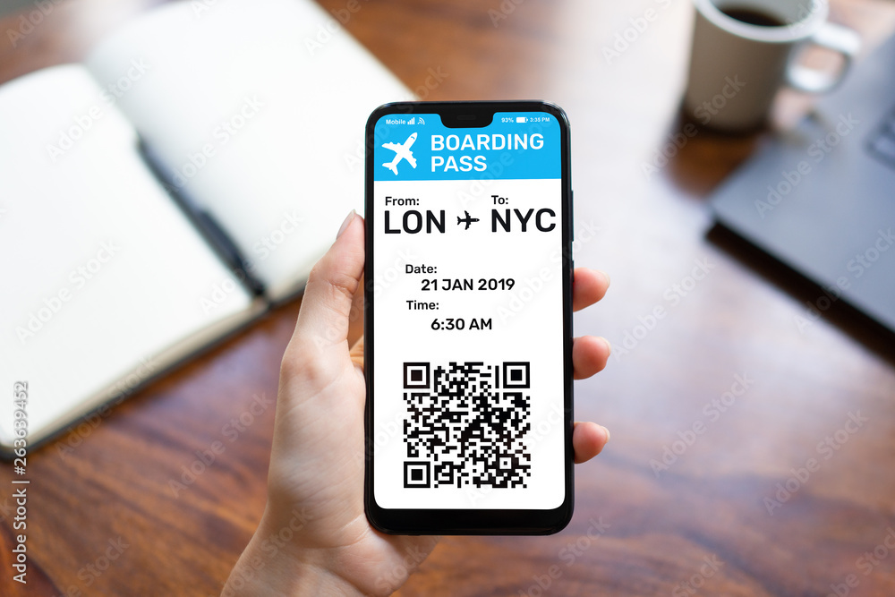 Flight Boarding pass on mobile phone screen. Online registration ...