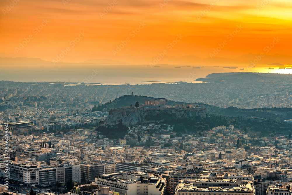 Athens skyline and the Acropolis hill with Parthenon, from the Mt ...