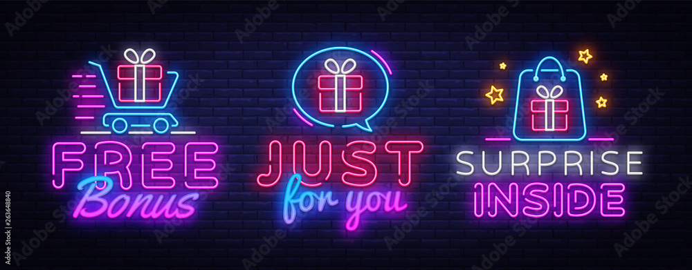 Gifts collection neon signs vector. Surprise design template concept ...