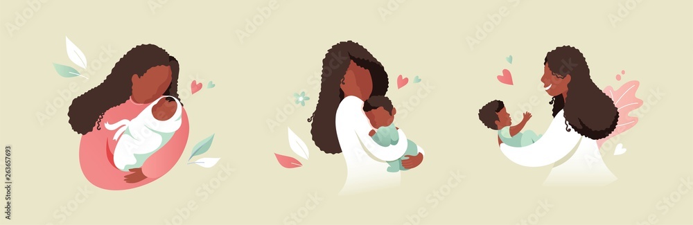 Vector Illustration Of African Black Mother Holding Baby Son Or ...