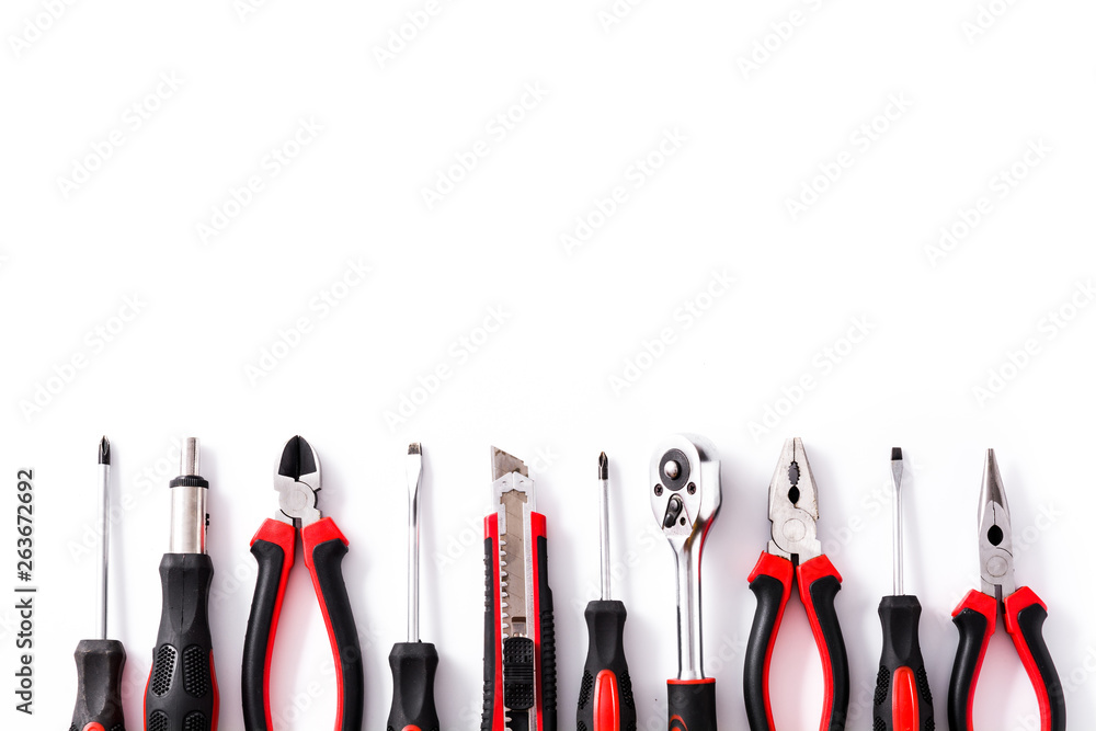 Building tools repair set isolated on white background. Top view ...