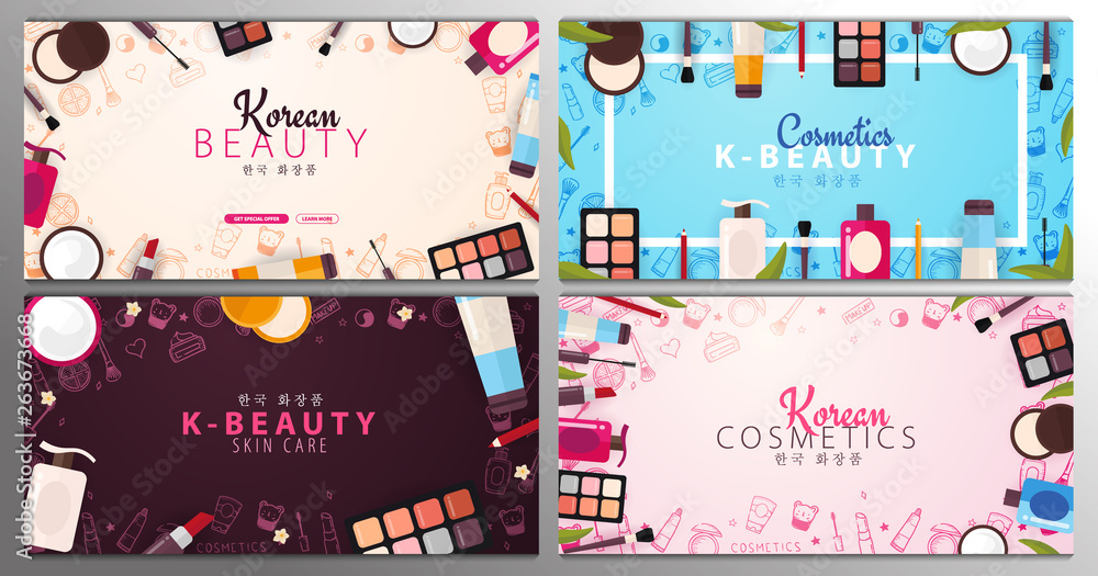 Korean flat cosmetics. Set of K-Beauty banners with hand draw doodle ...