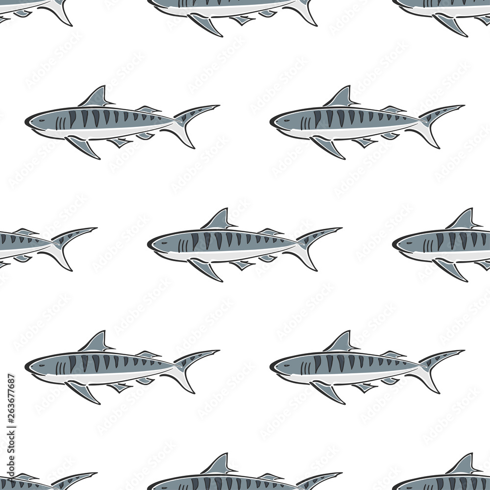 Tiger shark character abstract hand drawn vector seamless pattern ...