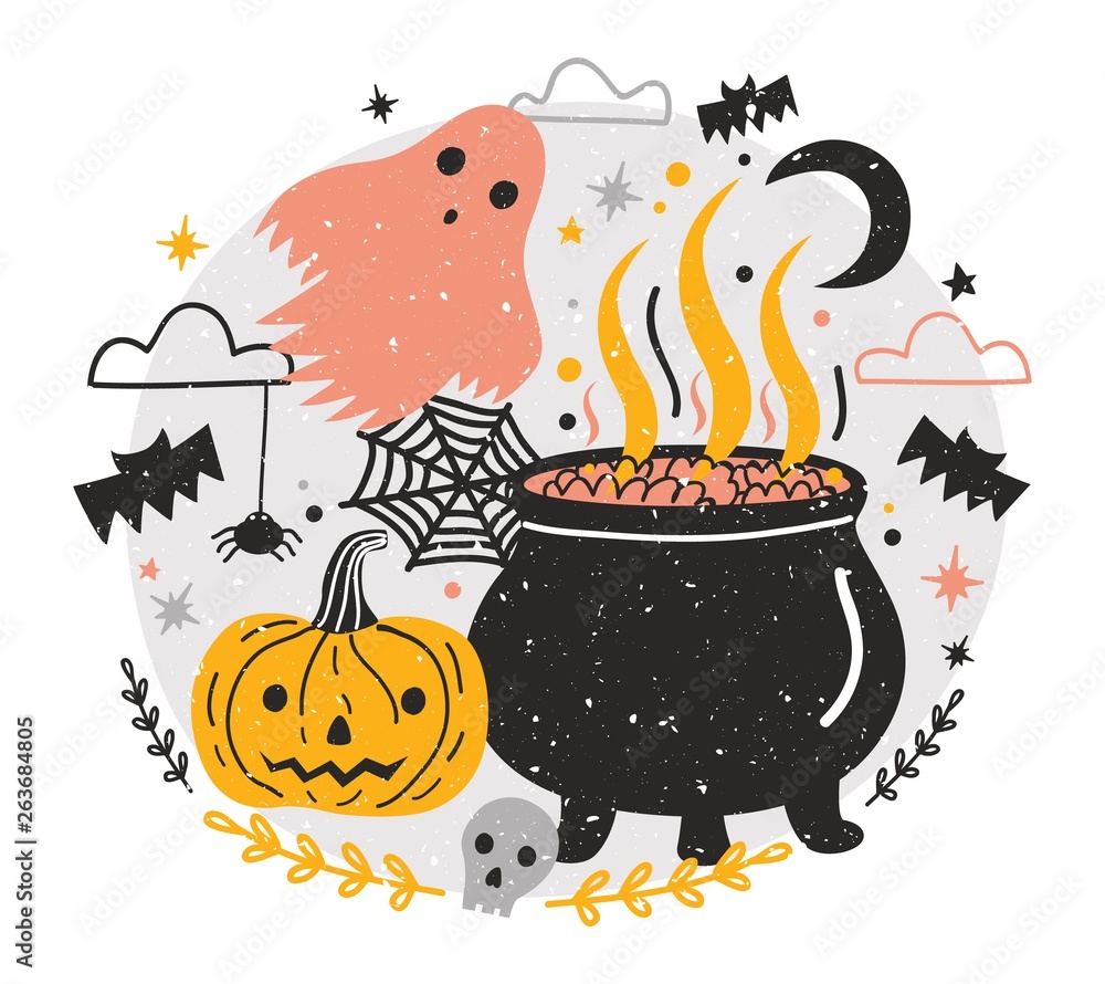 Halloween composition with witch pot full of potion, Jack-o'-lantern ...
