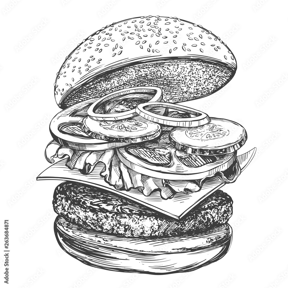 big burger, hamburger hand drawn vector illustration realistic sketch ...