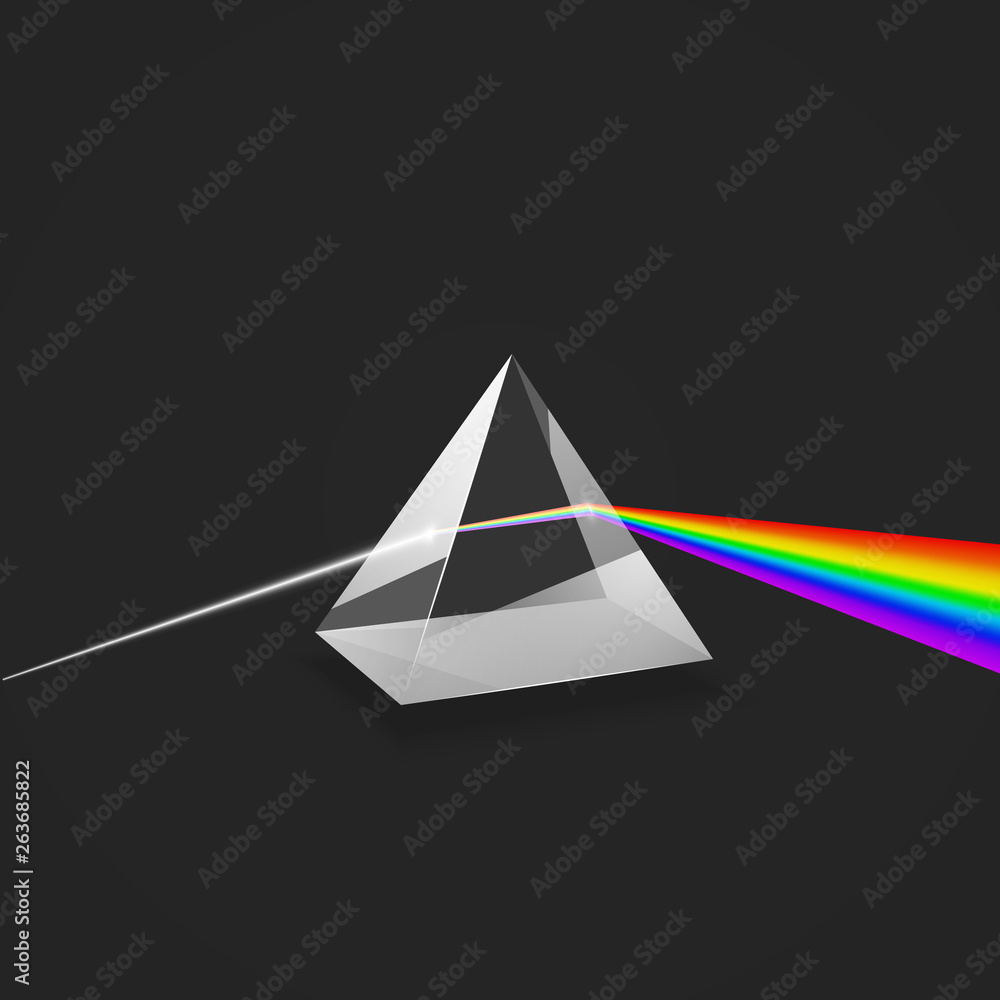 Dispersion. Colorful spectrum of light. Glass prism and beam of light ...