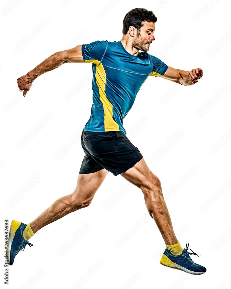 one caucasian handsome mature man running runner jogging jogger ...