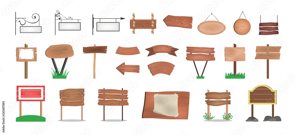 Wooden signboard set. Collection of various sign Stock Vector | Adobe Stock