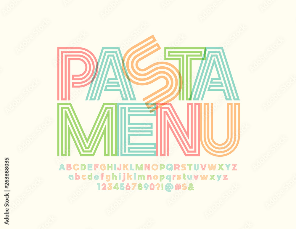 Vector colorful creative text Pasta Menu. Original maze Font. Set of ...