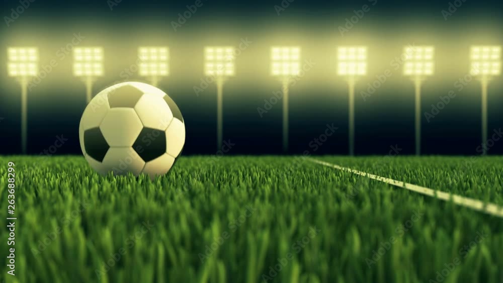 Soccer ball - football stadium in 4K animation on illuminated stadium ...