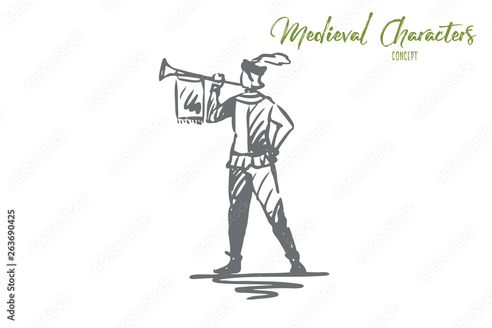 Trumpeter, medieval, trumpet, message, ancient concept. Hand drawn ...