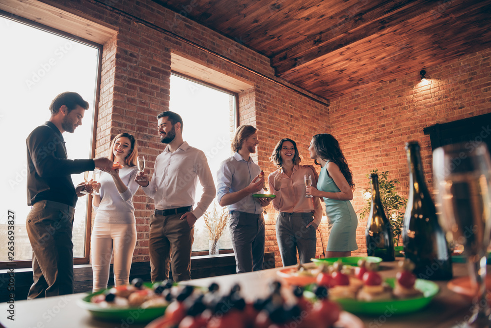 Company of six nice trendy attractive pretty elegant cheerful glad ...