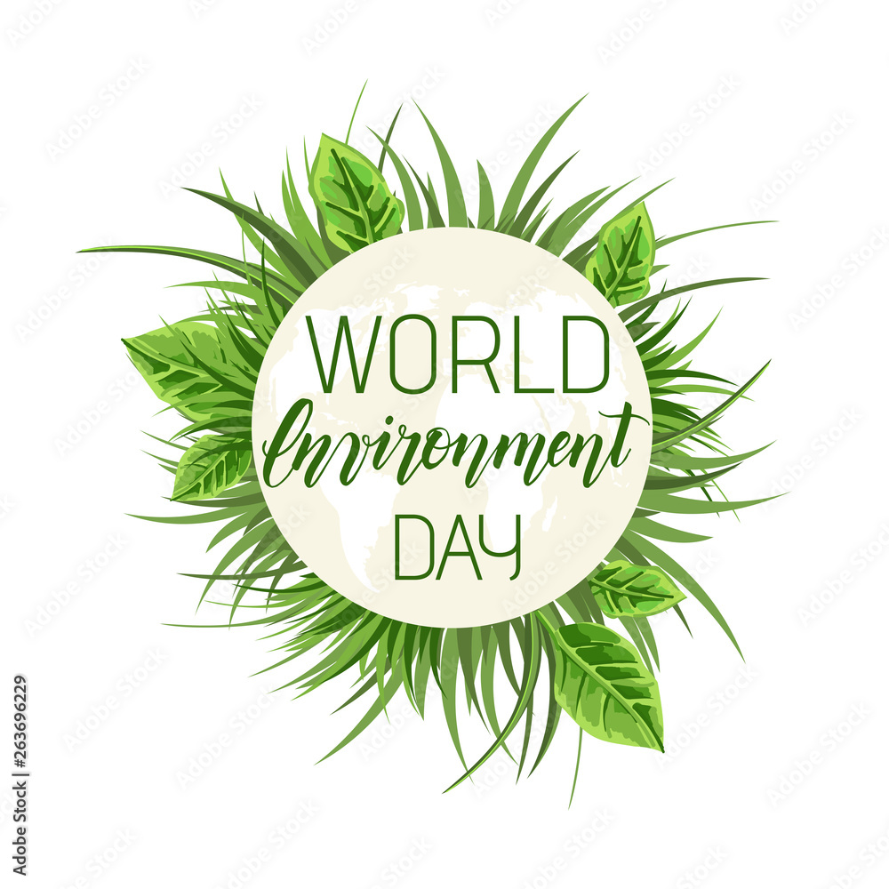 World Environment Day. Vector illustration with label, green grass ...
