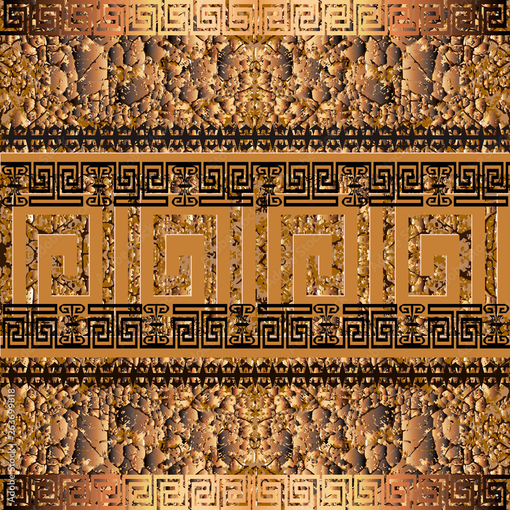 Grunge textured 3d greek border seamless pattern. Abstract cracked gold ...