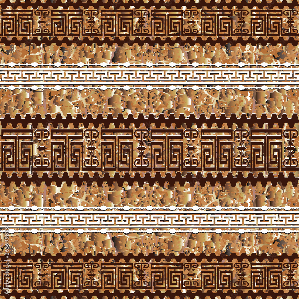 Grunge textured 3d greek border seamless pattern. Abstract cracked gold ...