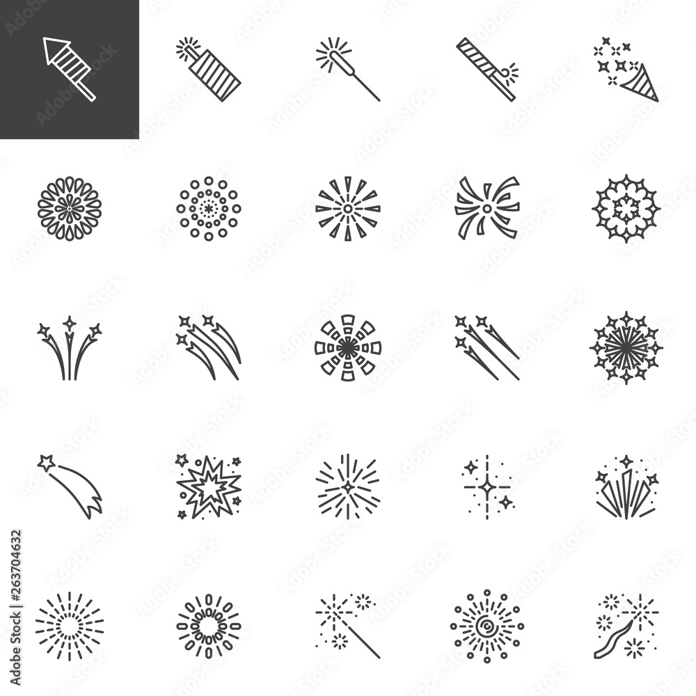 Fireworks rockets line icons set. linear style symbols collection ...