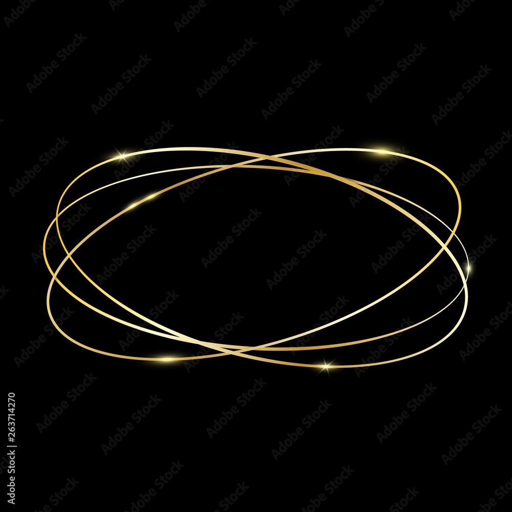 Vector golden ellipse frame with sparkling light. Magical glowing ...