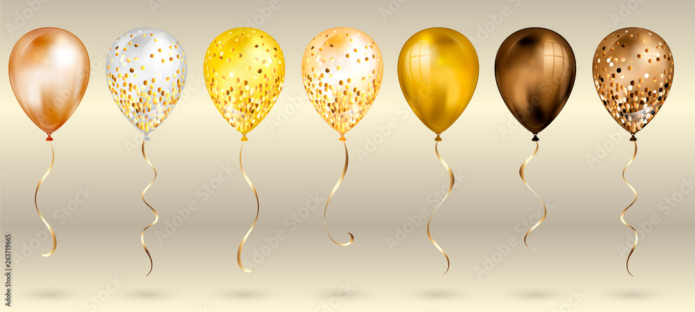 Set of 7 shiny gold realistic 3D helium balloons for your design ...