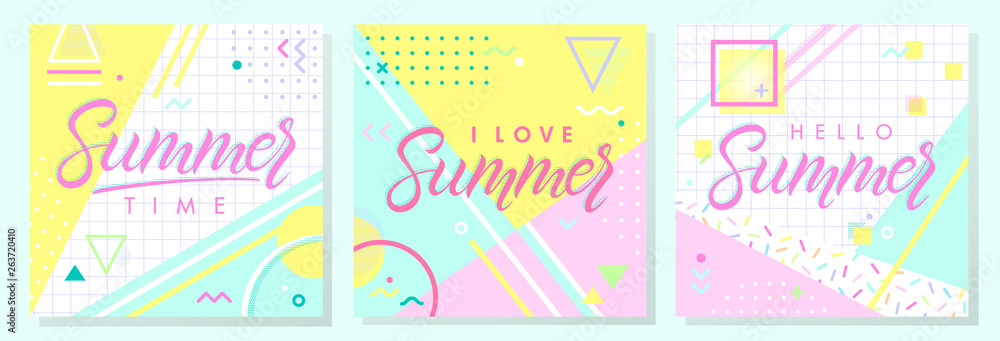 Set of artistic summer cards with bright background,pattern and geometric elements in memphis ...