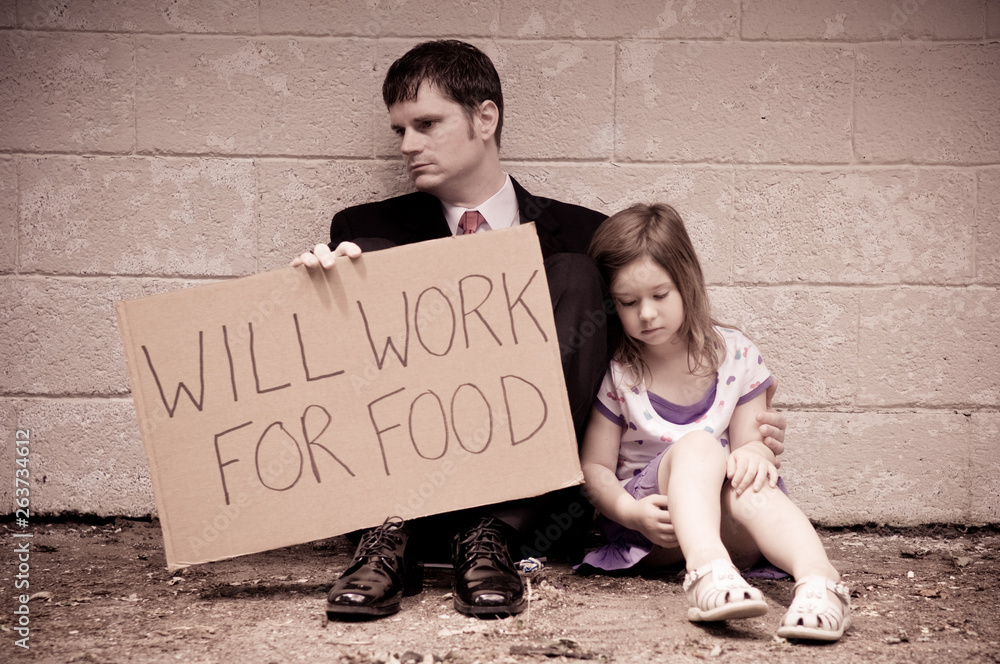 Man and Girl with Will Work For Food Sign, Homelessness, Poverty foto ...