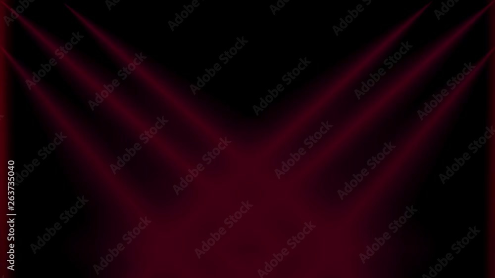 Opening red curtains animation and dark stage with spotlights lighting ...