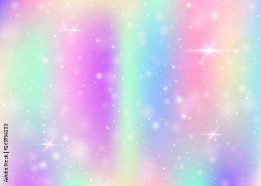 Magic background with rainbow mesh. Cute universe banner in princess ...