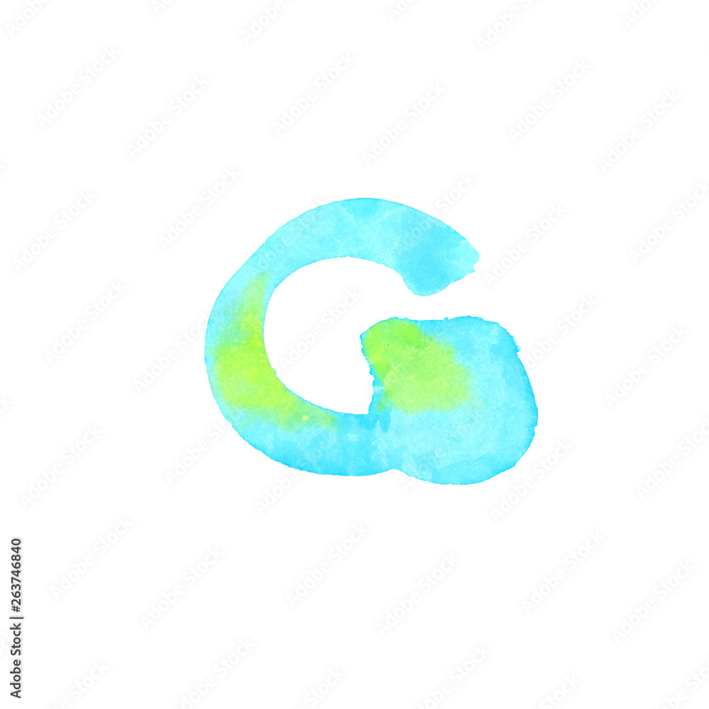 Watercolor letter G . Hand writing green and blue gradient symbol of ...
