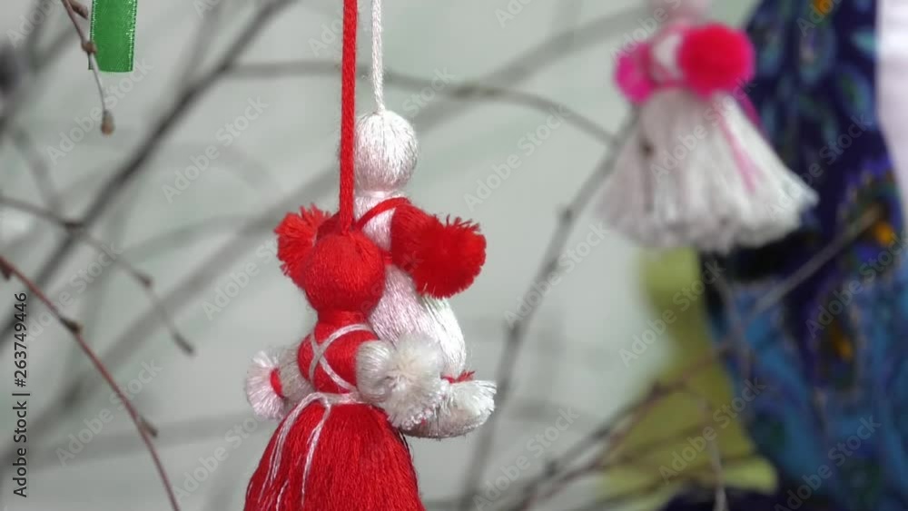 Martenitsa, white and red strains of yarn, Bulgarian folklore tradition ...