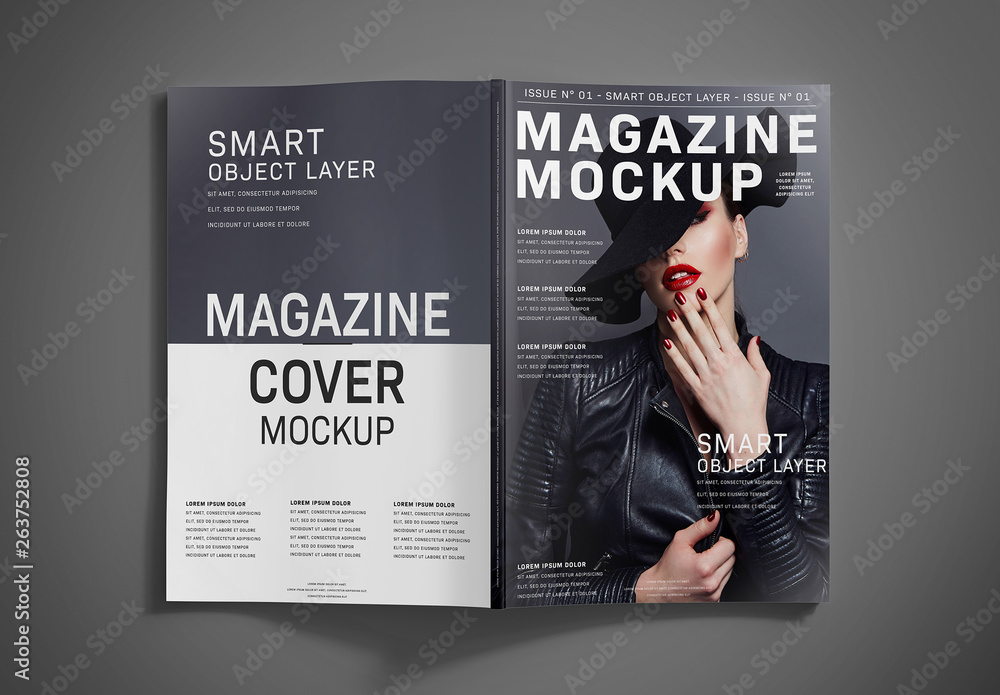 Open Magazine Cover on Grey Mockup Stock Template | Adobe Stock