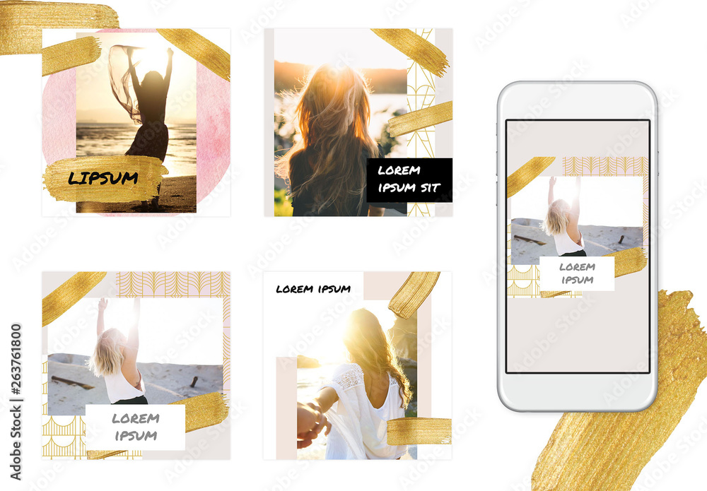 Social Media Post Layout Set with Gold Glitter Brush Strokes and ...