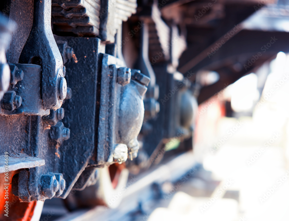 Running gear of vintage steam locomotive object background Stock Photo ...
