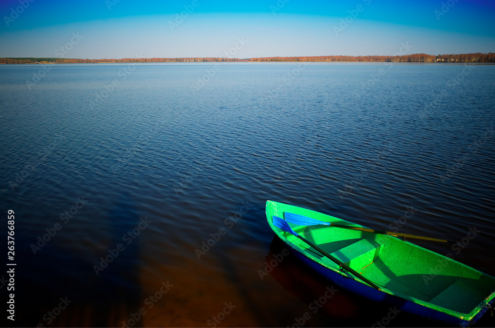 Fishing boat on smooth river transportation background hd Stock Photo ...