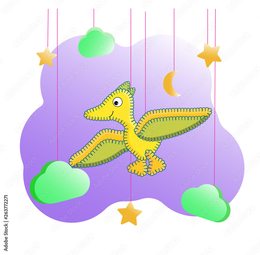 Funny cartoon character dinosaur. Dino print among the clouds and stars ...