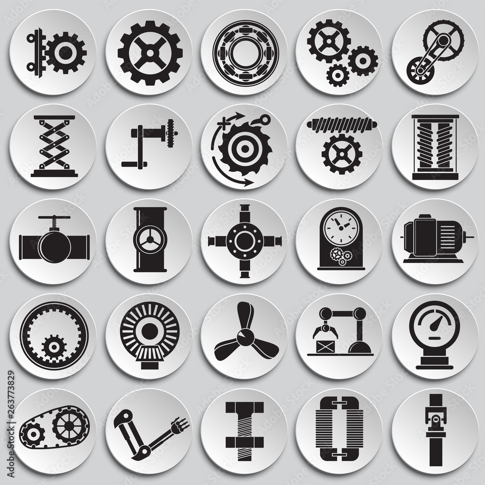 Technical mechanisms icons set on plates background for graphic and web ...