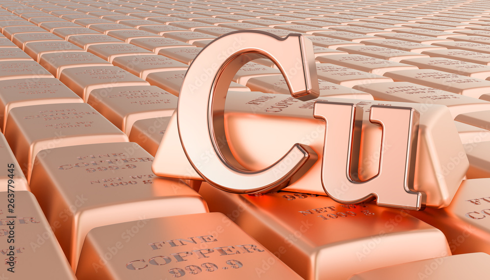 Copper ingots background with Cu symbol. 3D rendering Stock ...