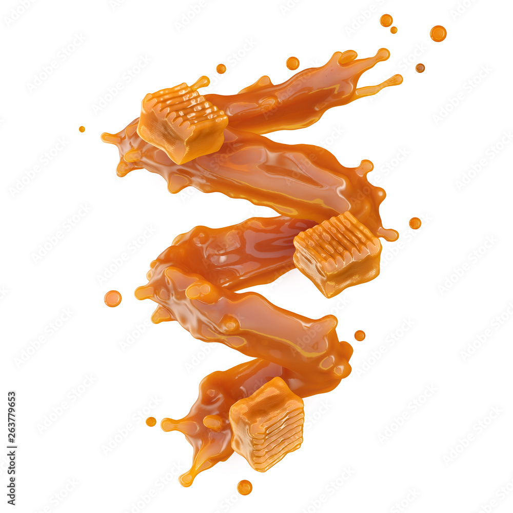 Sweet melted caramel sauce or syrup swirl and toffee caramel candies ...