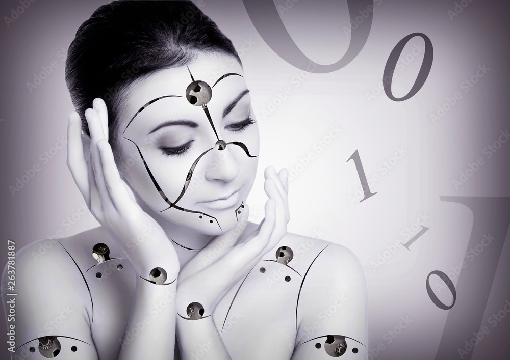Portrait of a effect ofthe woman human robot with a mechanism inside of ...