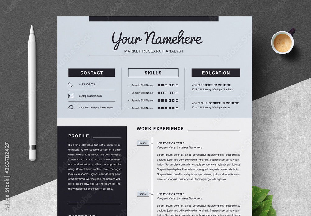 Resume and Cover Letter Layout with Blue Header and Black Sidebar Stock ...