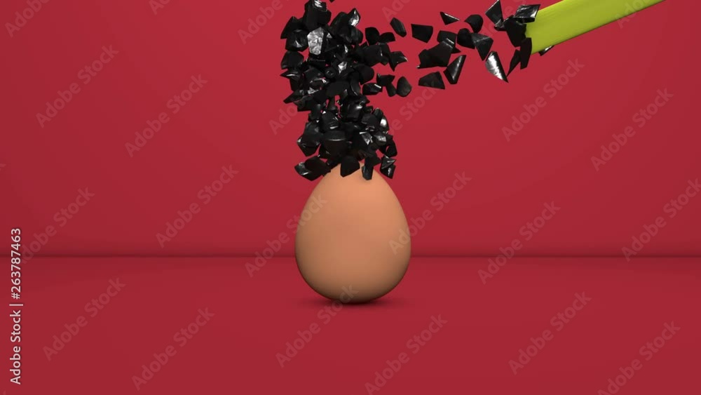 3d animation of hitting egg by hammer. Hammer breaking in slow motion ...