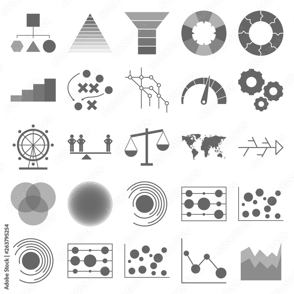 The charts set of icons - funnel, binary tree, technology system ...