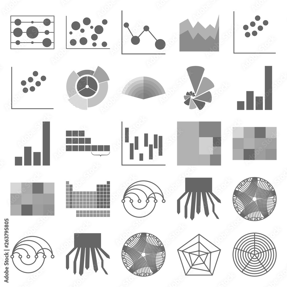 The charts set of icons - the labyrinth chart, stairs, fan chart ...
